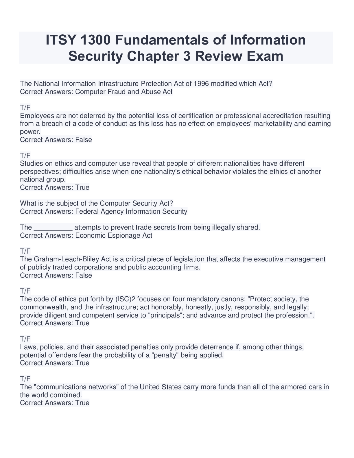 ITSY 1300 Fundamentals of Information Security Chapter 3 Review Exam - Scholarfriends